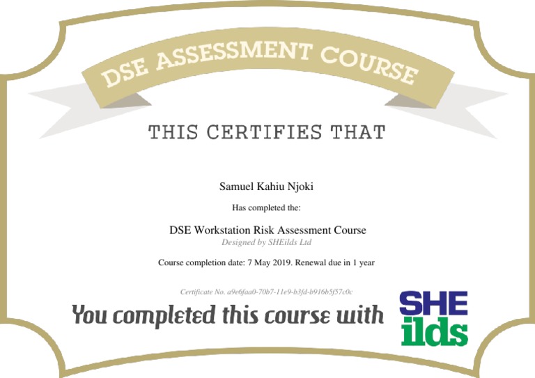 DSE Workstation Risk Assessment Course-Course Completion Certificate ...