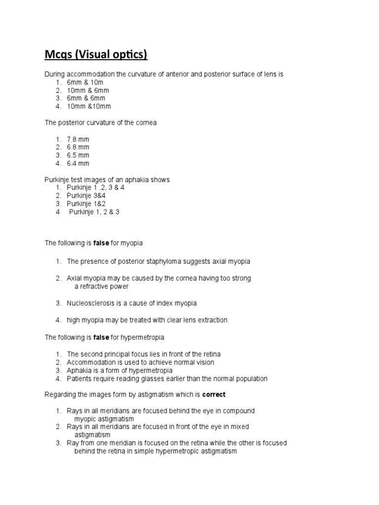 Mcqs (Visualoptics) | PDF | Eye | Senses