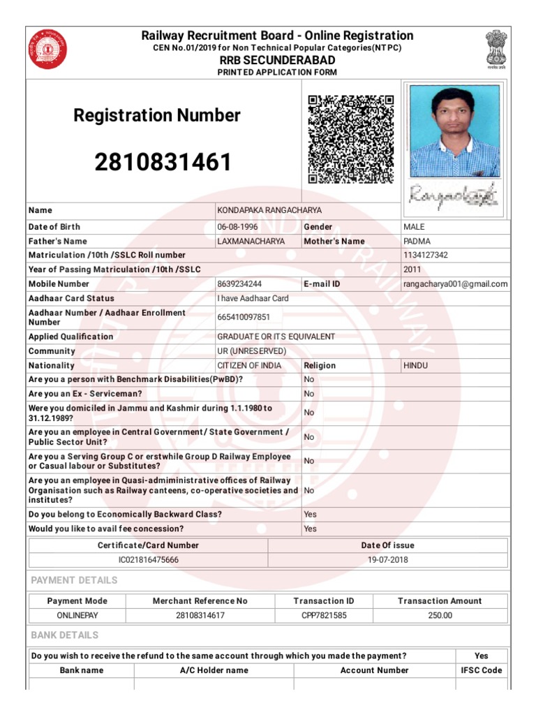 Registration Number: Railway Recruitment Board - Online Registration ...