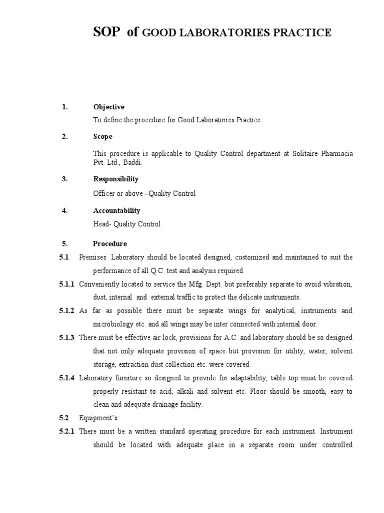 Good Laboratory Practices SOP | PDF