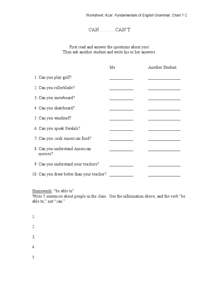 CAN .CAN'T: Worksheet: Azar: Fundamentals of English Grammar, Chart 7-2 ...
