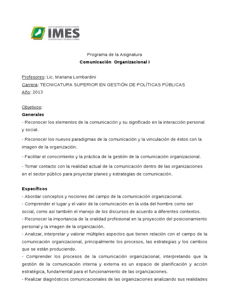 Programa de Comunicación Organizacional | PDF | Planificación ...