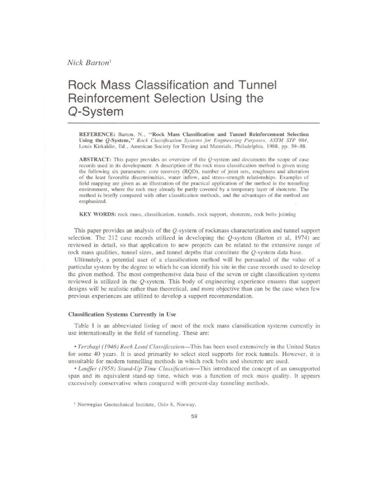 Barton. Rock Mass Classification and Tunnel Reinforcement Using The Q ...