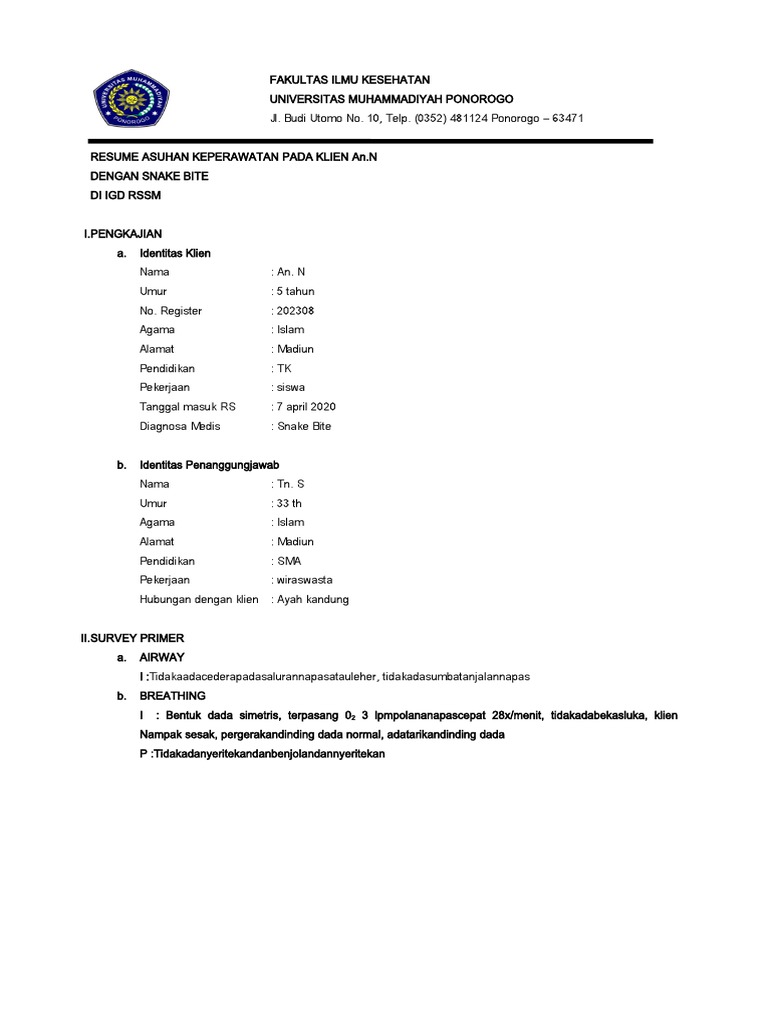 Resume Ruang Ird Snake Bite (Rizka Dwi Pratiwi 17613108) | PDF