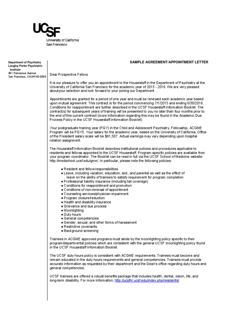UCSF Psychiatry Fellowship Appointment Letter | PDF | Residency ...
