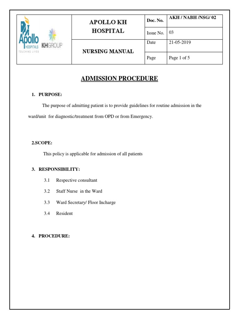 Apollo KH Hospital: Nursing Manual | PDF | Patient | Nursing