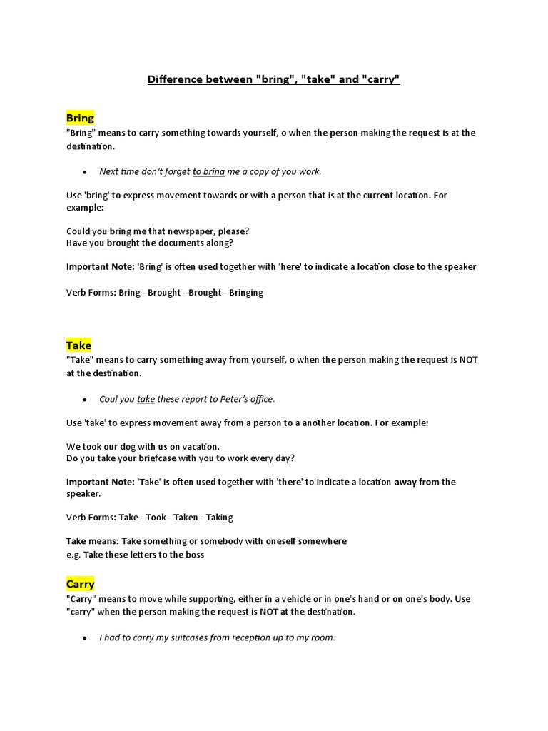 Difference Between "Bring", "Take" and "Carry": Next Time Don't Forget ...