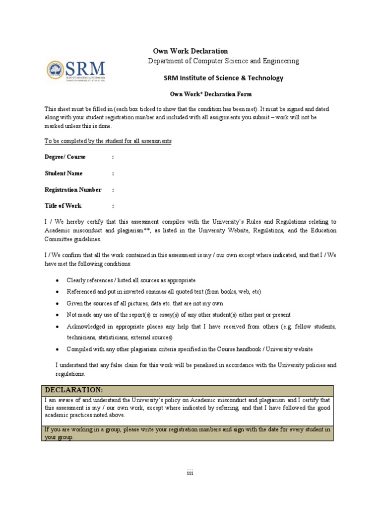 Own Work Declaration | PDF