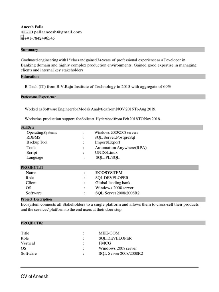 Aneesh Palla SQL Resume | PDF | Postgre Sql | Databases