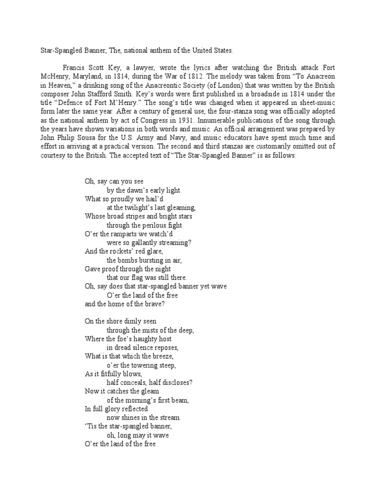 Aa, American National Anthem (Hymn) Full Text | PDF | The Star Spangled ...
