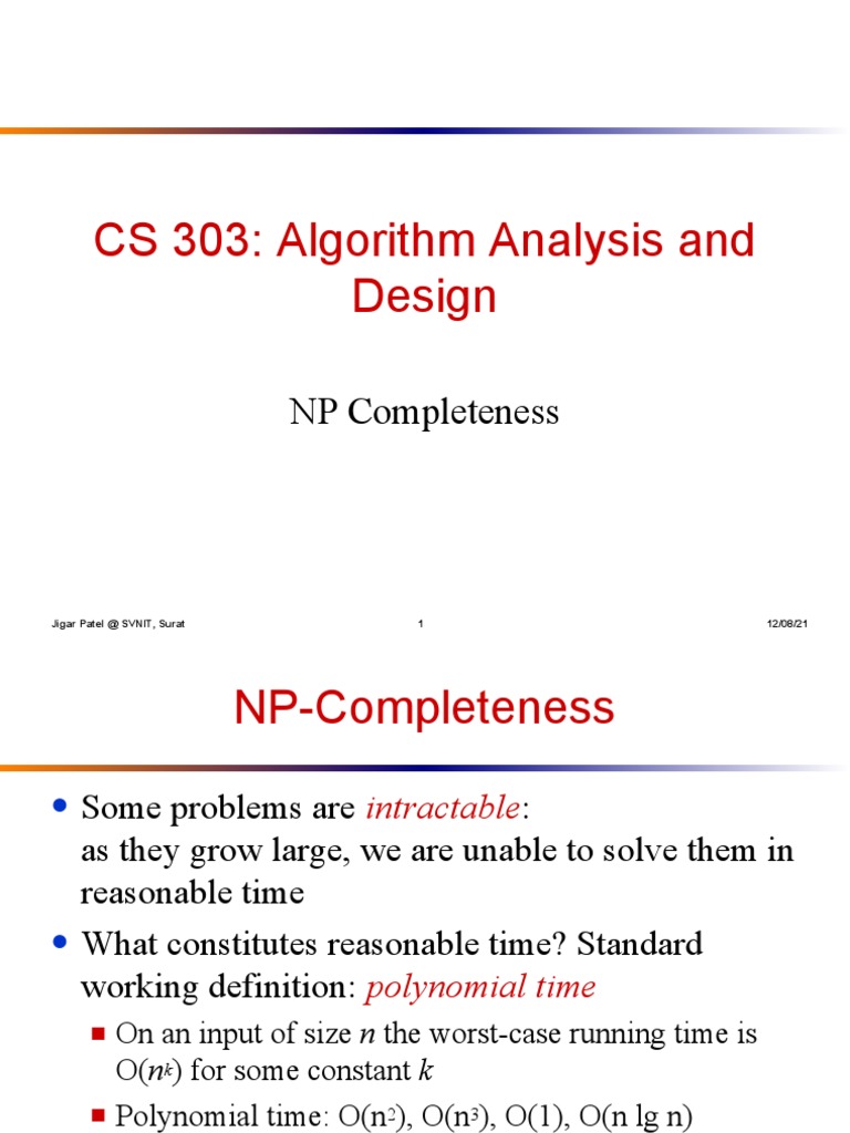 Cs 303 Algorithm Analysis And Design Np Completeness Pdf Time Complexity Computational