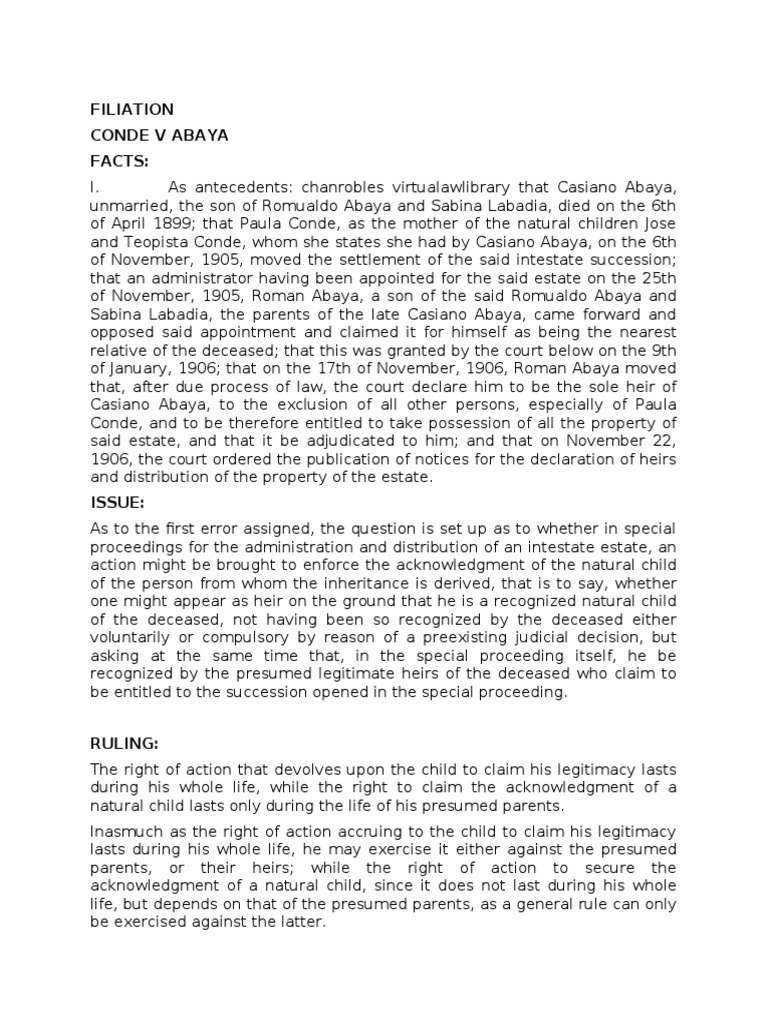 Filiation Conde V Abaya Facts | PDF | Burden Of Proof (Law) | Intestacy