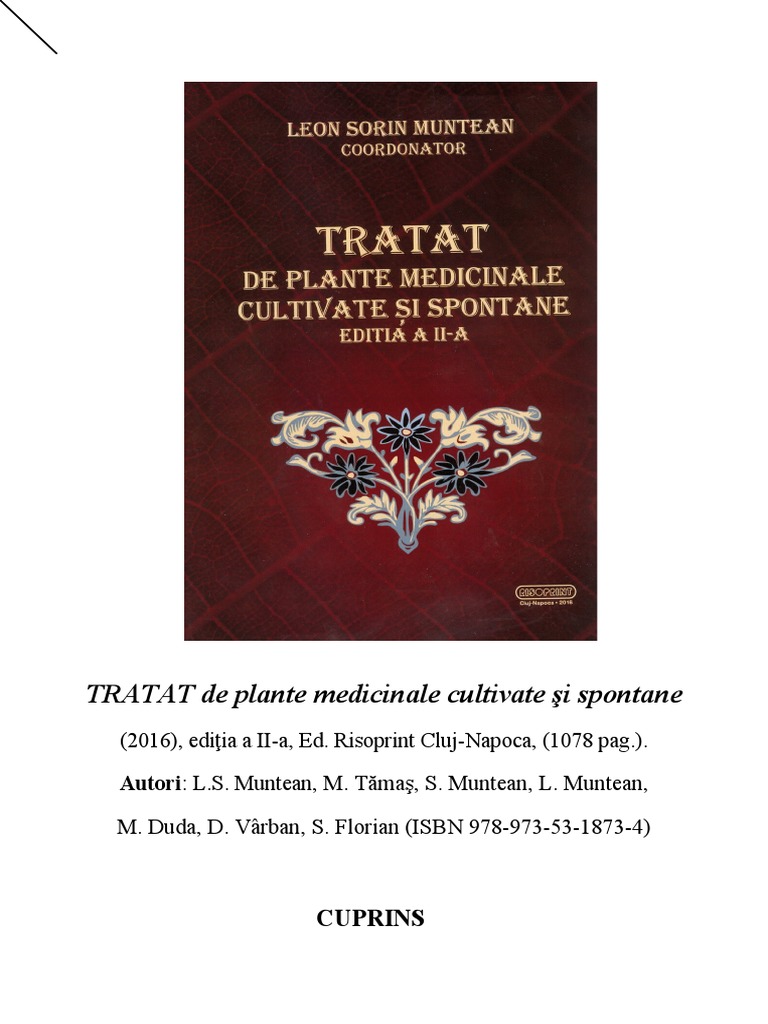 TRATAT de Plante Medicinale Cultivate Şi Spontane: Cuprins | PDF
