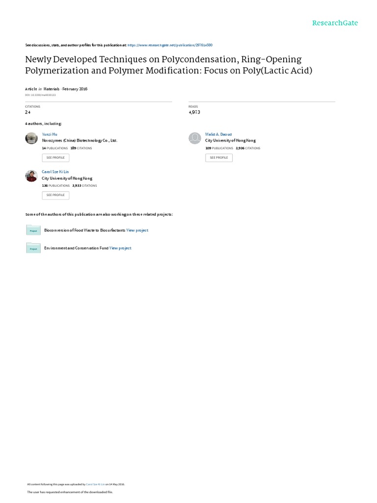 Newly Developed Techniques On Polycondensation, Ring-Opening Polymerization and Polymer ...