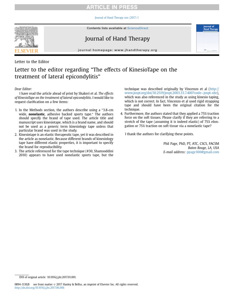 Journal of Hand Therapy: Letter To The Editor | PDF