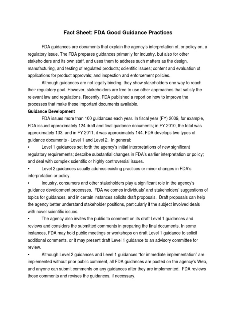Fact Sheet FDA Good Guidance Practices PDF | Download Free PDF | Food ...