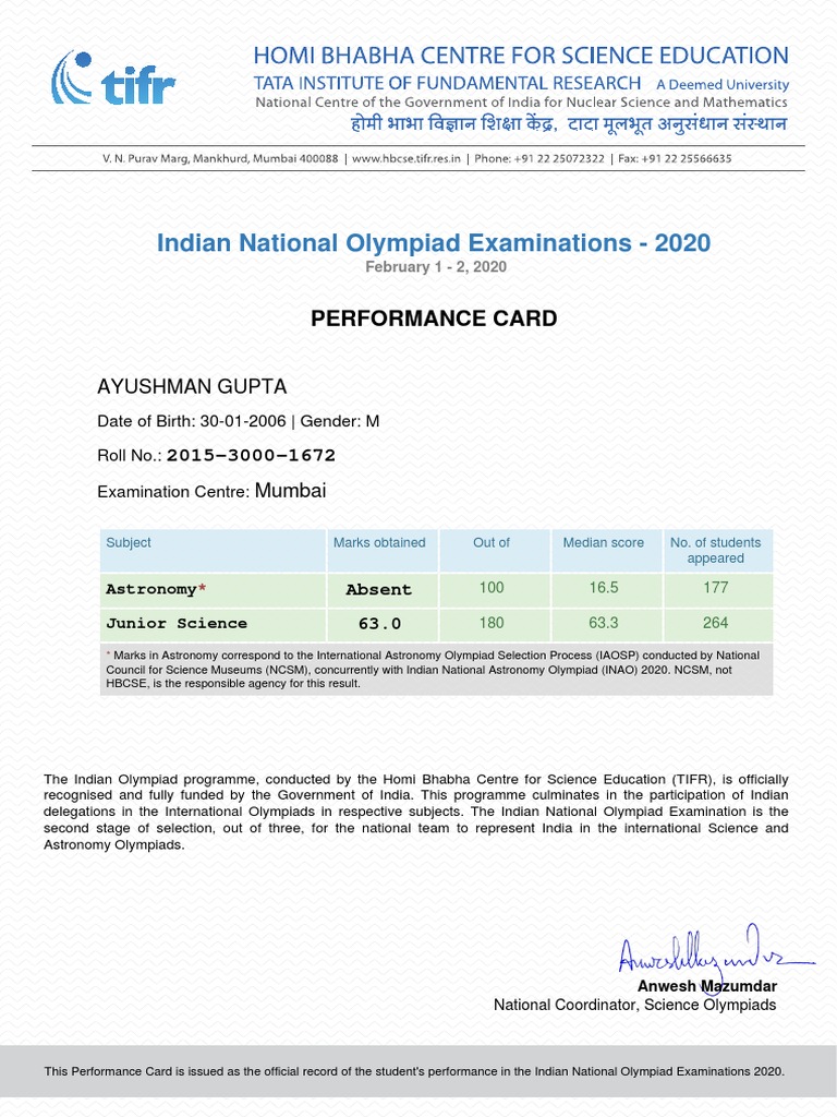Indian National Olympiad Examinations - 2020: Performance Card | PDF ...