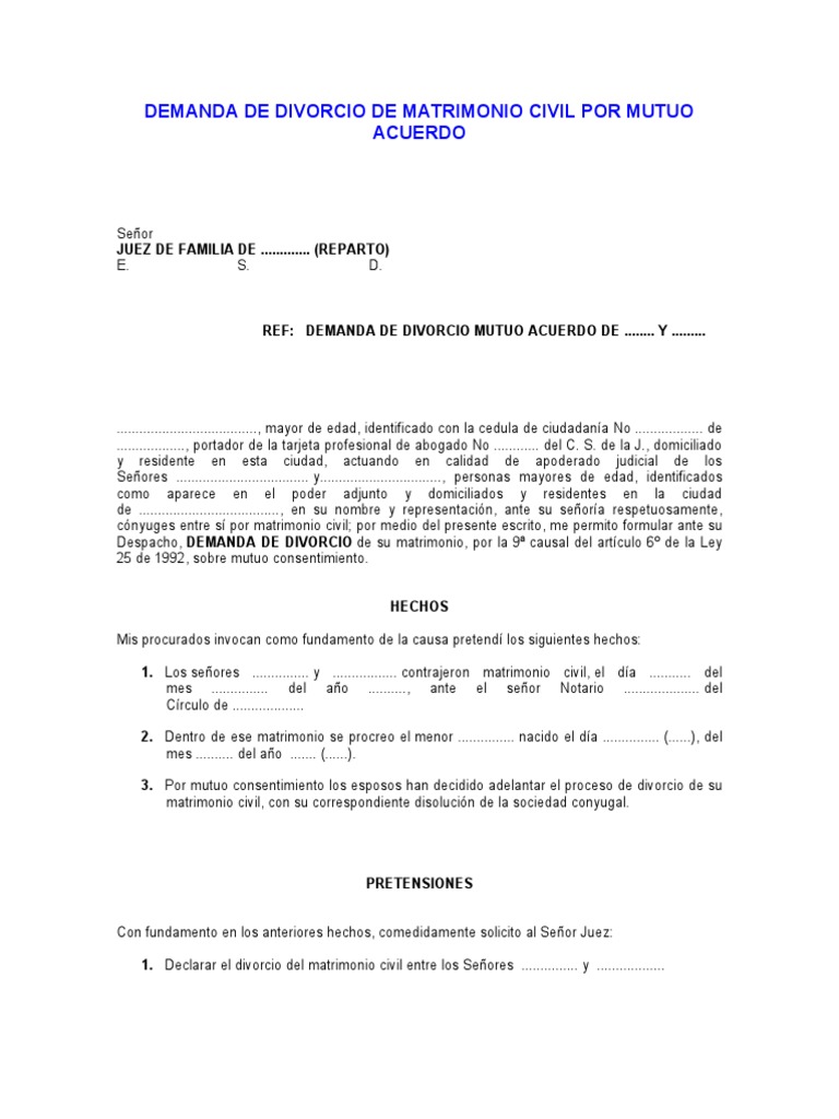Demanda de Divorcio de Matrimonio Civil Por Mutuo Acuerdo | PDF | Divorcio | Demanda judicial