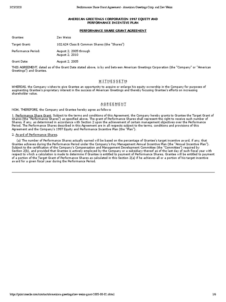 American Greetings Performance Share Agreement | PDF | Assignment (Law ...