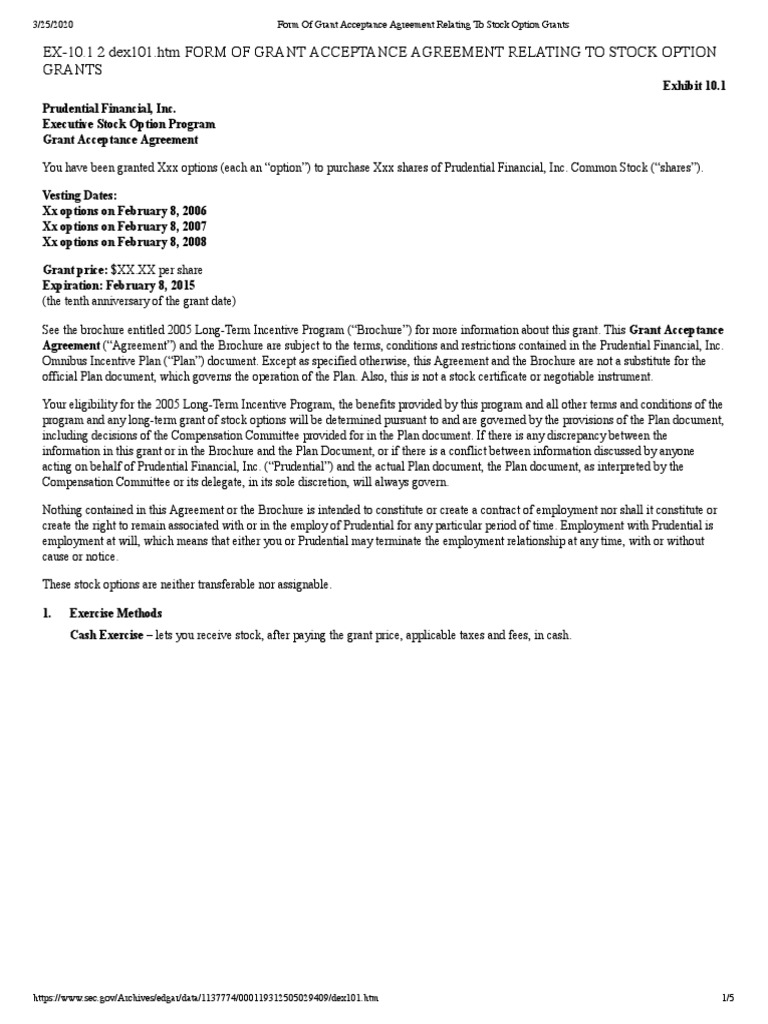 Form of Grant Acceptance Agreement Relating To Stock Option Grants ...