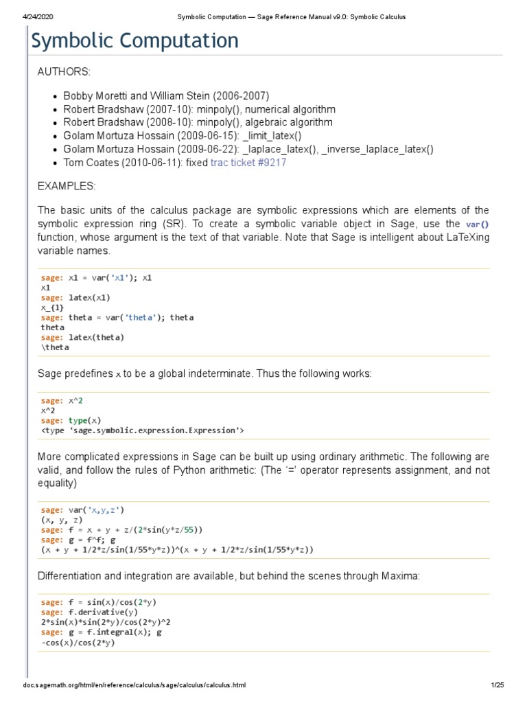 Symbolic Computations in Sagemath | PDF | Integral | Parameter (Computer Programming)