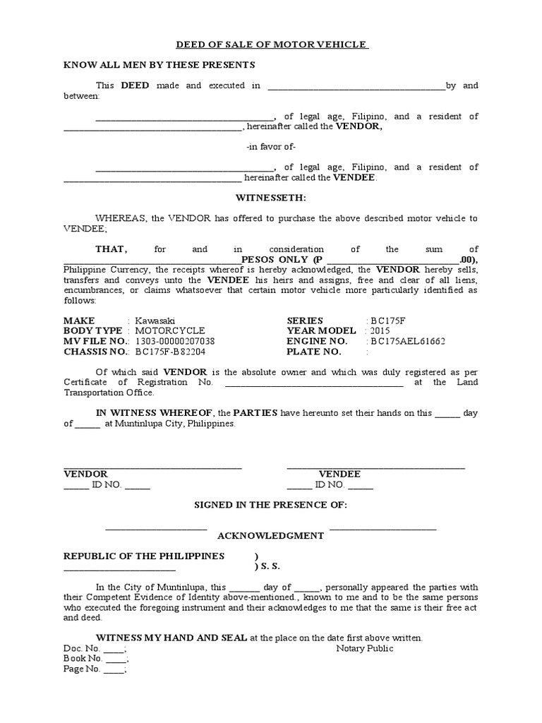 Transfer of Ownership: Sale of a 2015 Kawasaki Motorcycle | PDF | Deed ...