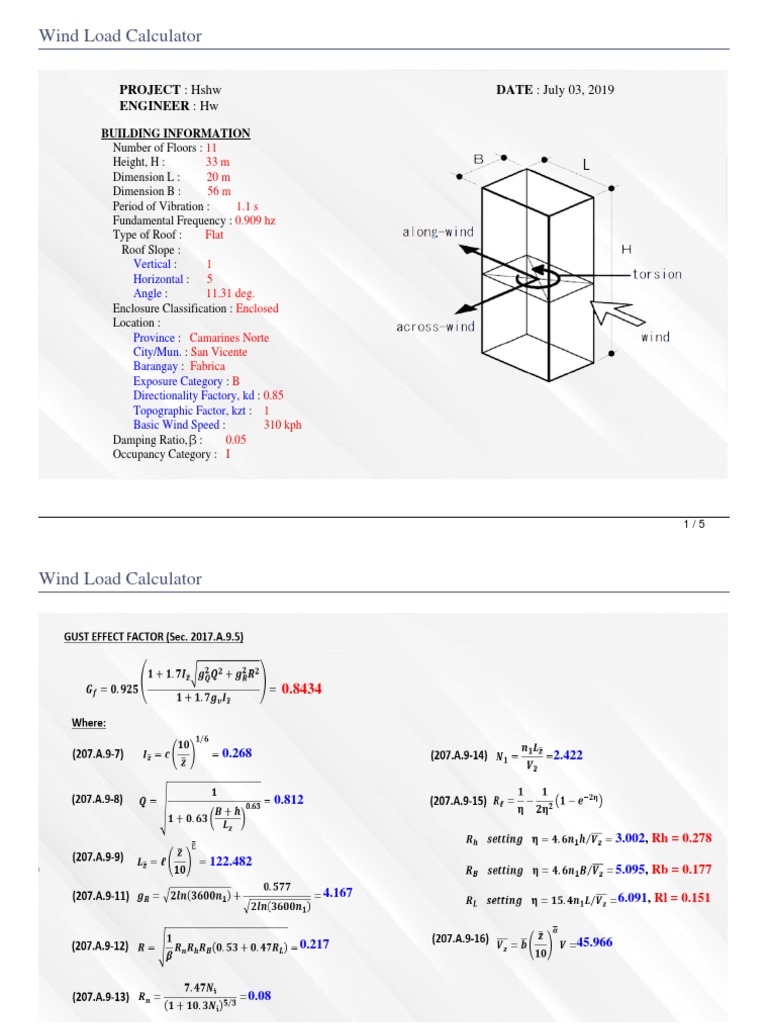 Wind Load Calculator: Project: Hshw DATE: July 03, 2019 Engineer: Hw ...