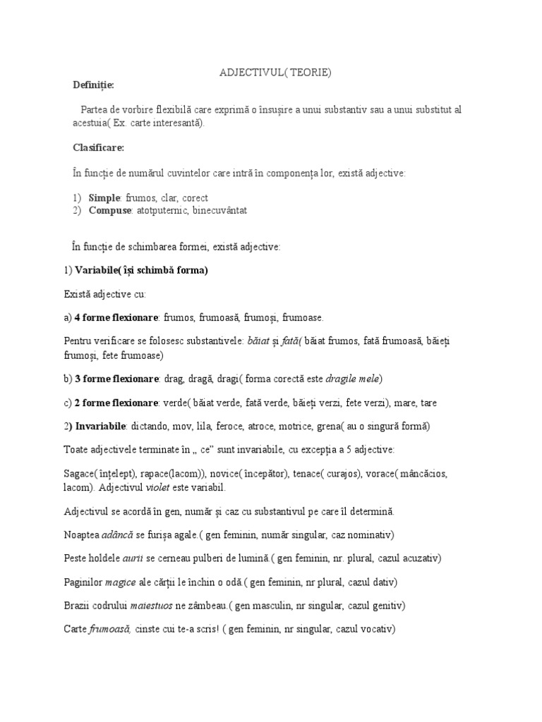 Adjectivul - Fișă de Recapitulare | PDF