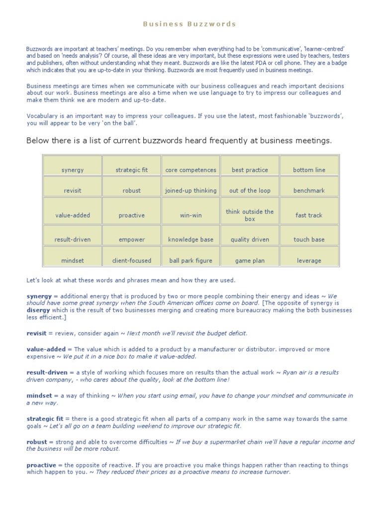 Below There Is A List of Current Buzzwords Heard Frequently at Business ...