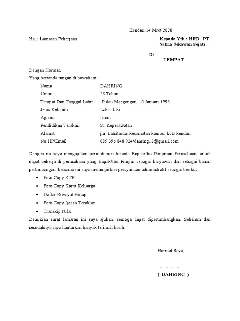 Kepada Yth: HRD. PT. Satria Sekawan Sejati Di Tempat | PDF