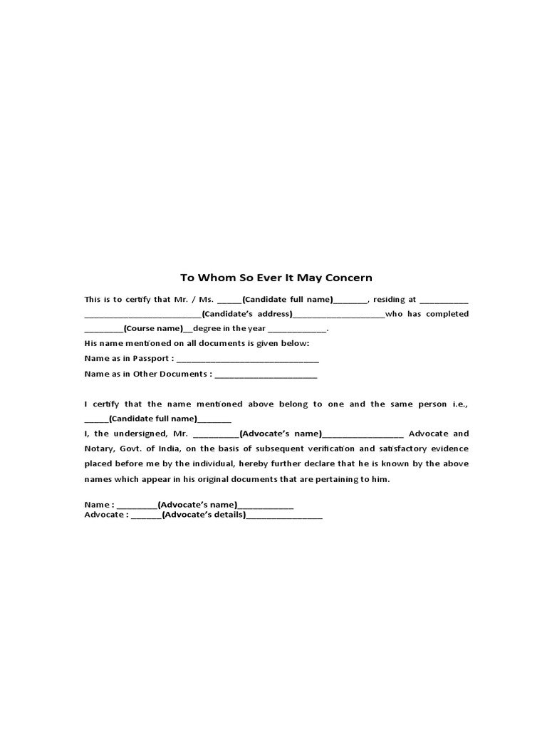 Affidavit Format For Declaration of Name Endorsement
