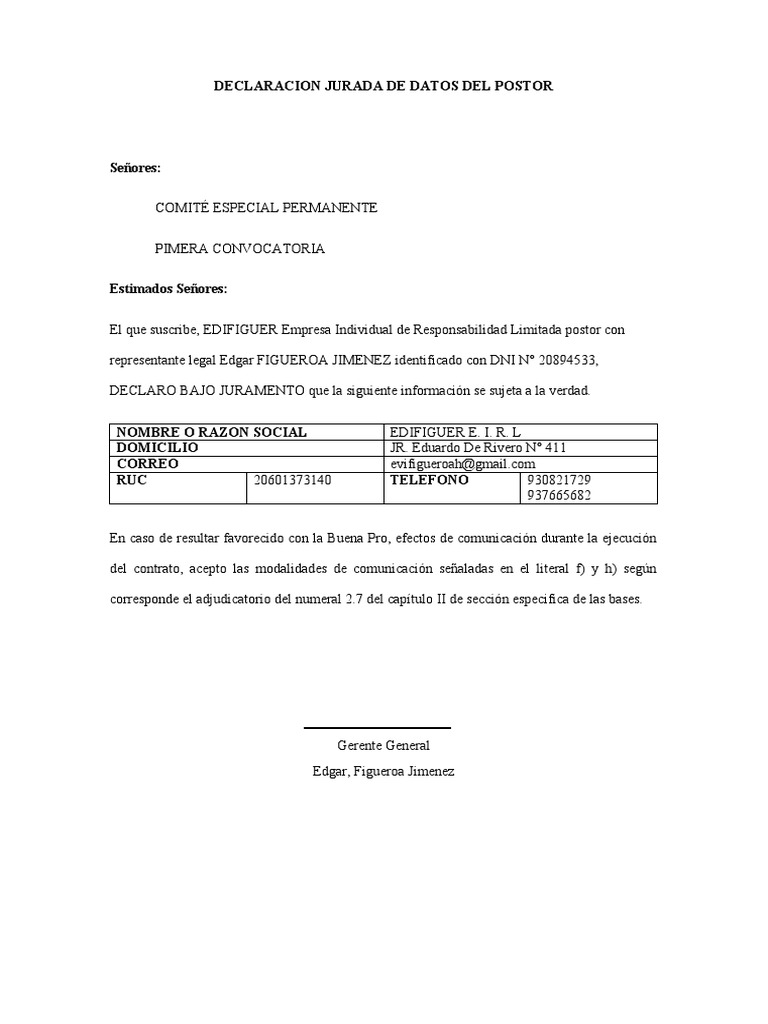 Declaracion Jurada de Datos Del Postor | PDF | Gobierno