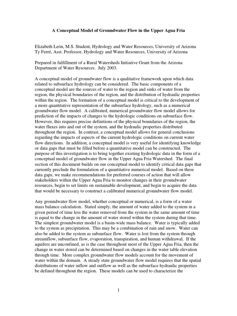 A Conceptual Model of Groundwater Flow in The Upper Agua Fria ...