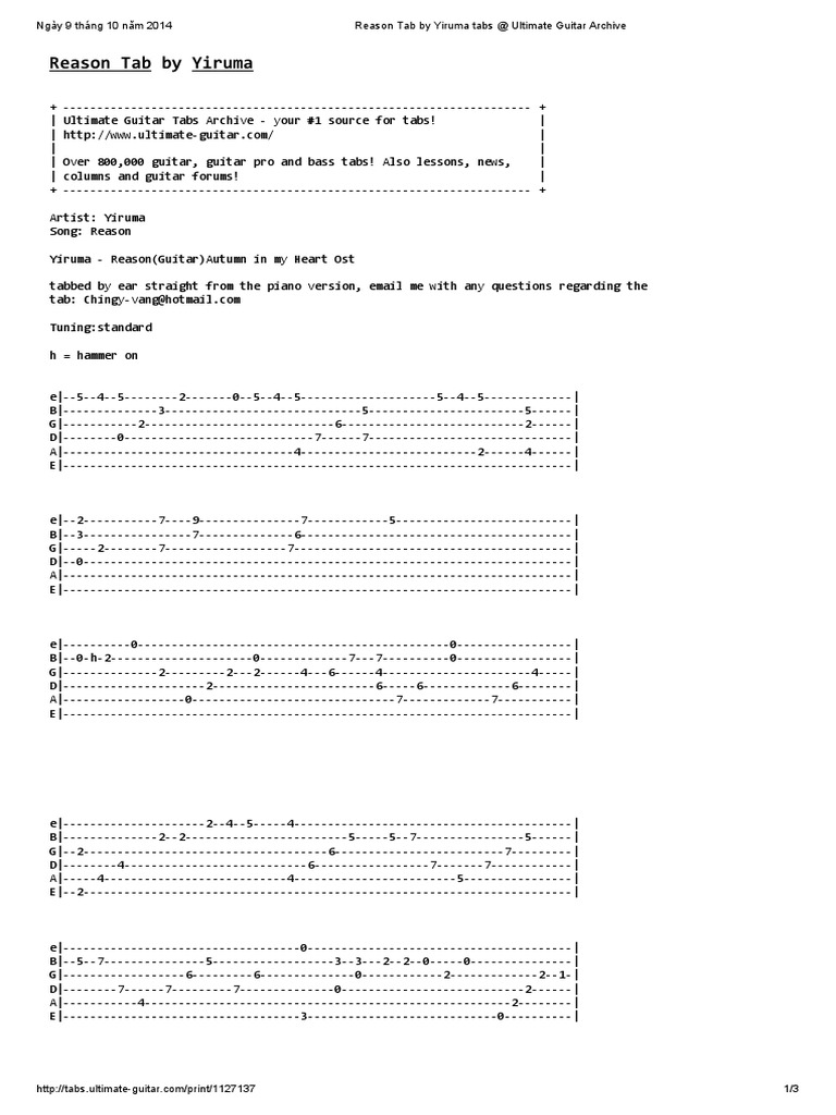 Reason Tab by Yiruma Tabs - Ultimate Guitar Archive PDF | PDF | Musical ...