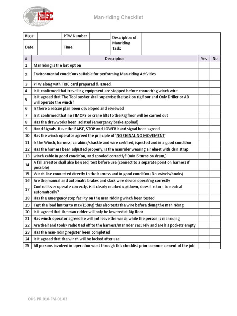 Man-Riding Checklist - OHSE-PR-010-FM-01-03 (002) 1 | PDF
