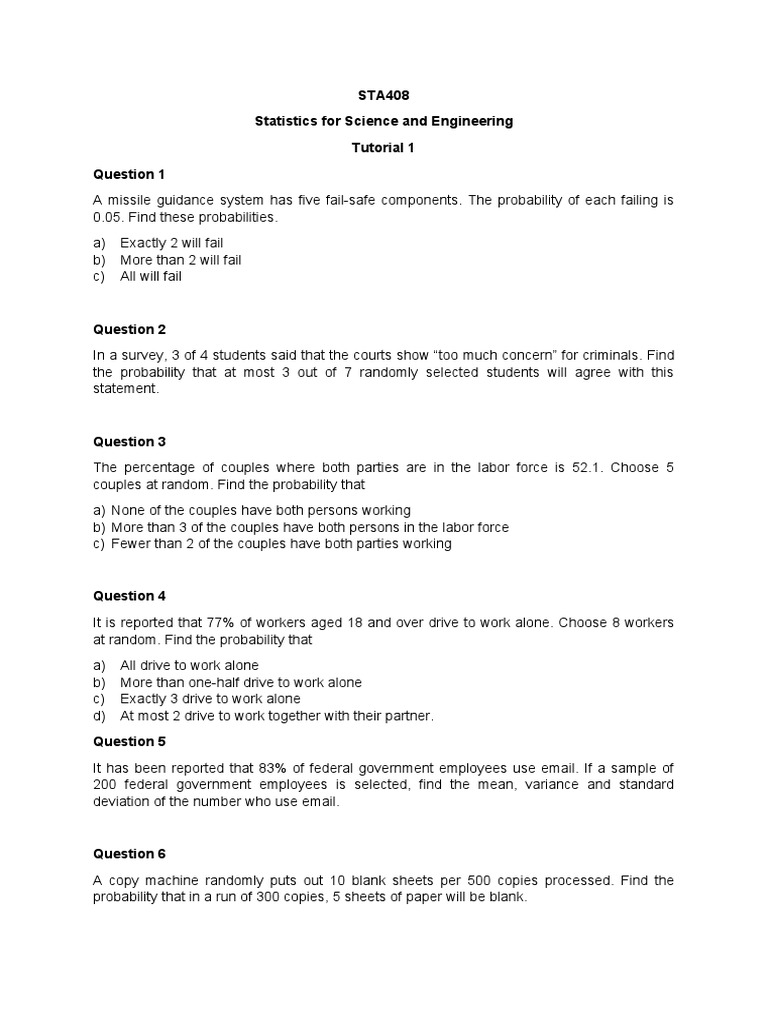STA408 Statistics For Science and Engineering Tutorial 1 | PDF