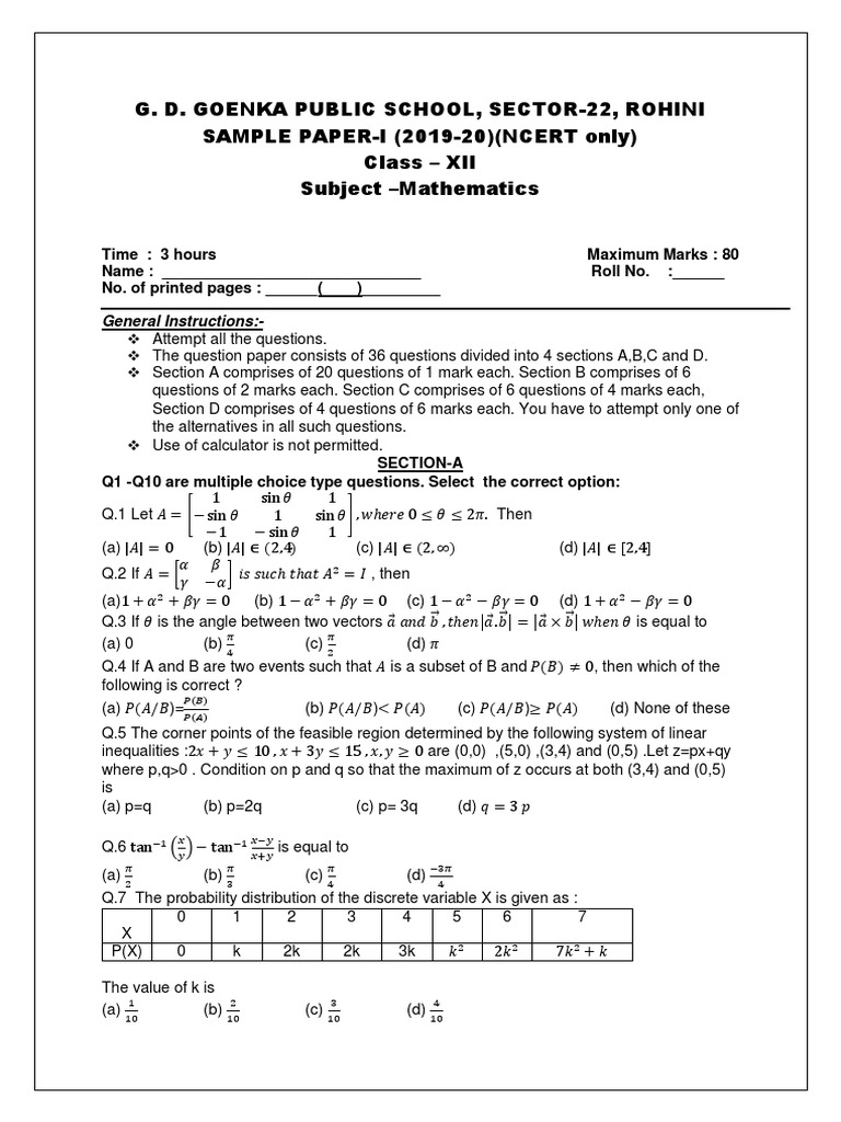 G. D. Goenka Public School, Sector-22, Rohini SAMPLE PAPER-I (2019-20 ...