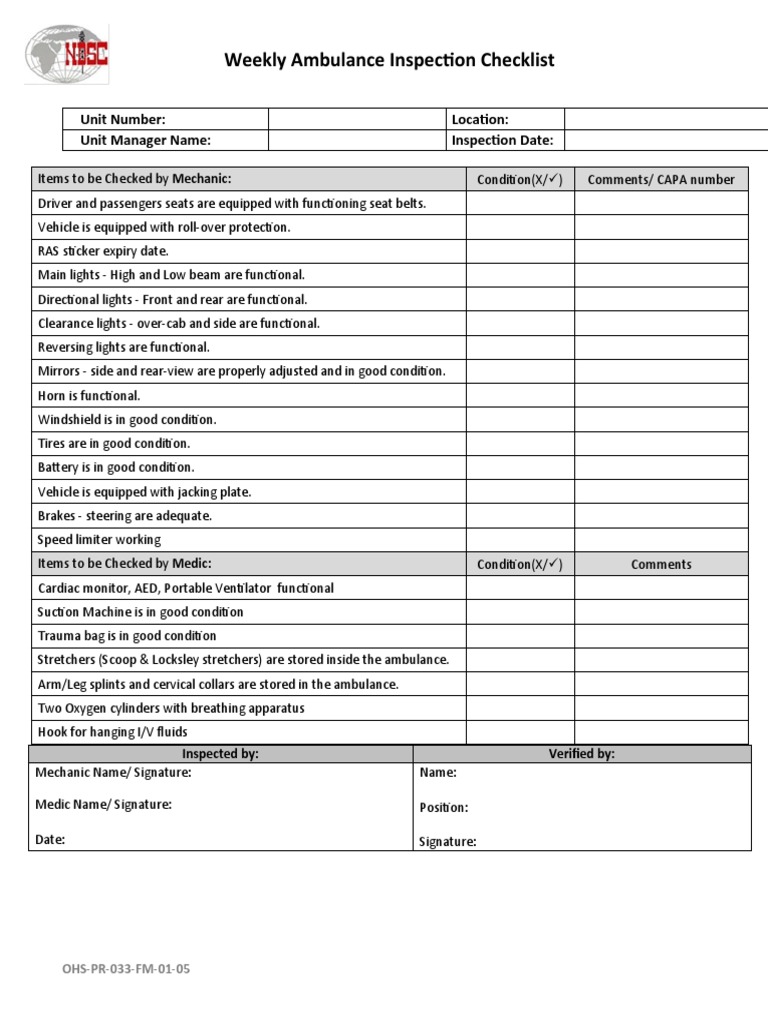 Weekly Ambulance Inspection Checklist | PDF