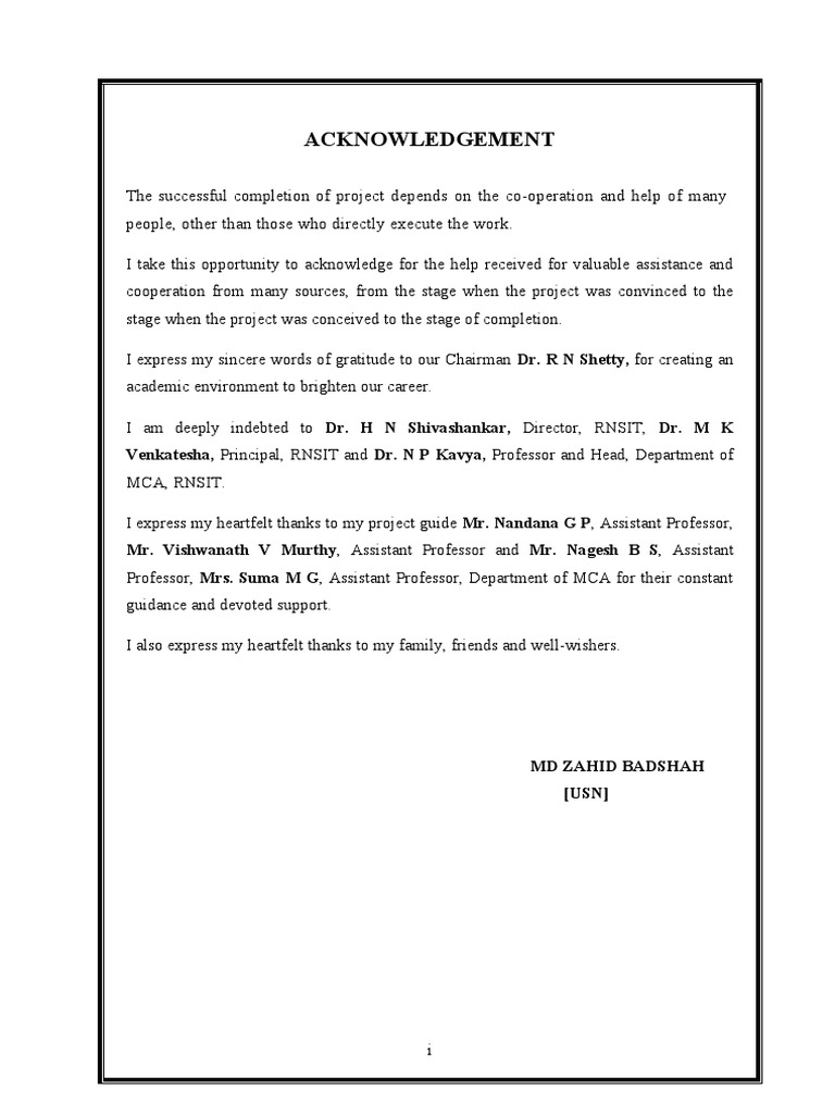 Acknowledgement: Venkatesha, Principal, RNSIT and Dr. N P Kavya ...