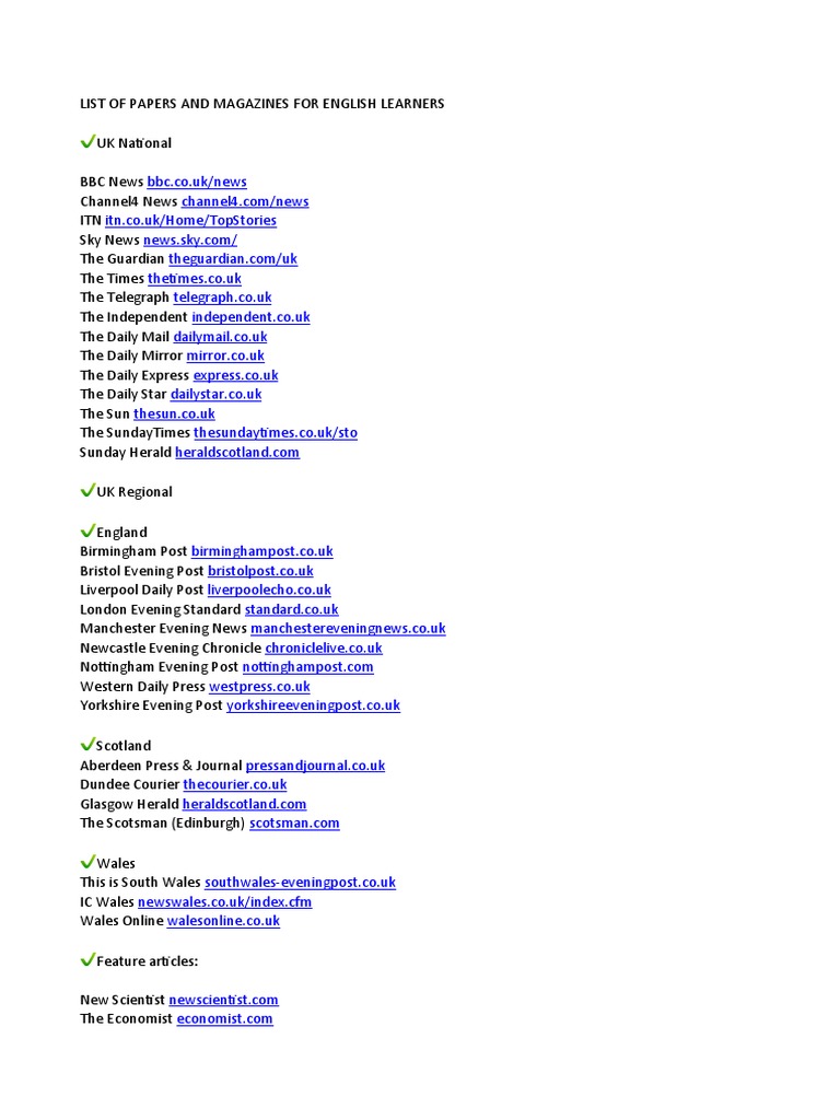 List of Newspapers and Magazines For English Learners (A1) | PDF | The ...