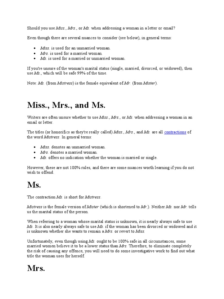 Miss., MRS., and MS.: Mistress Is The Female Version of Mister (Which ...