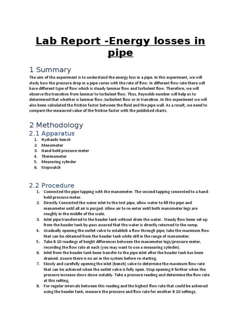 Lab Report - Energy Losses in Pipe: 1 Summary | PDF | Fluid Dynamics ...