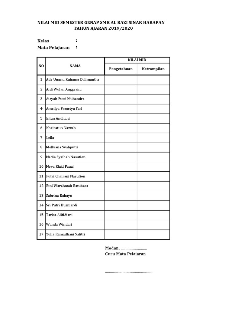 Format Nilai Mid Semester | PDF