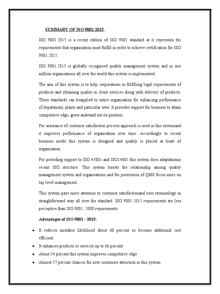 Summary of Iso 9001:2015 | PDF | Iso 9000 | Quality Management System