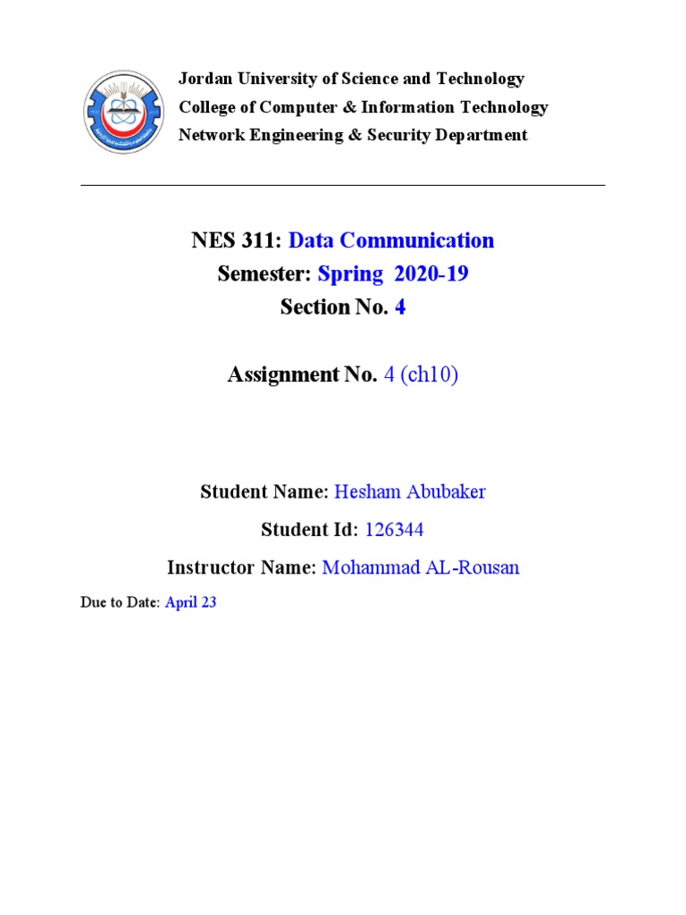 NES 311: Semester: Section No. Assignment No.: Data Communication ...