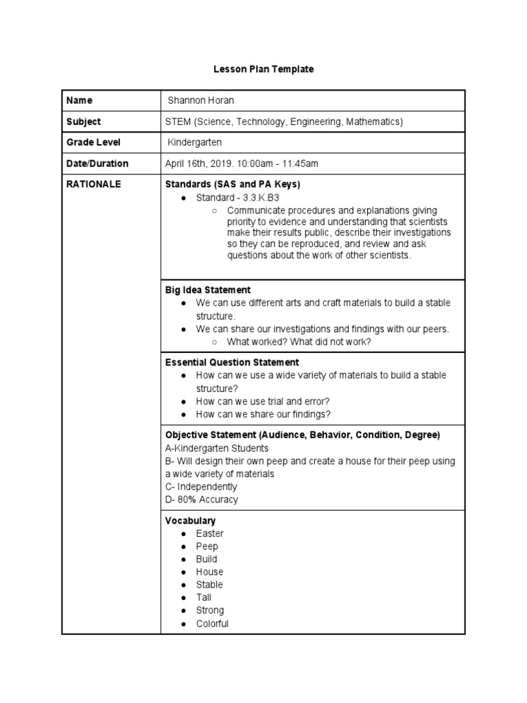 Stem Lesson Plan-Kindergarten | PDF | Science, Technology, Engineering ...