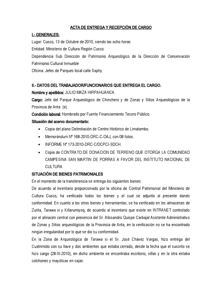 Acta de Entrega y Recepcion de Cargo | PDF