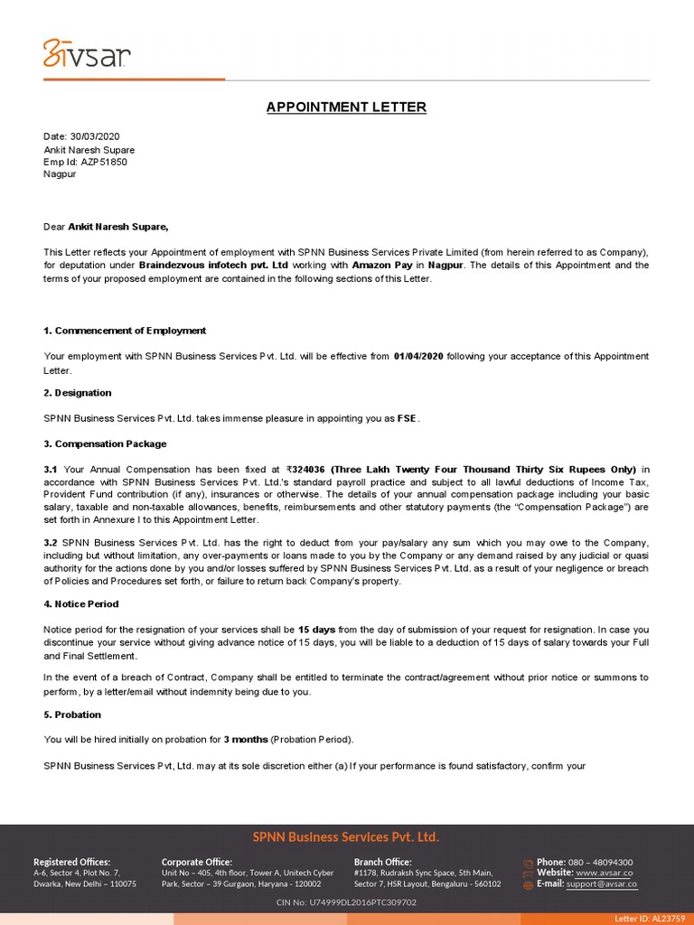Appointment Letter: SPNN Business Services Pvt. Ltd | Confidentiality ...