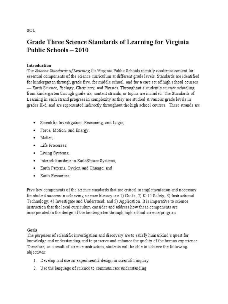 Grade Three Science Standards of Learning For Virginia Public Schools ...