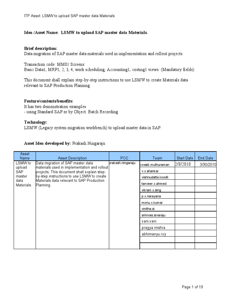 Idea /asset Name: LSMW To Upload SAP Master Data Materials | PDF | Information Technology | Software